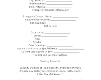Cat Sitting Business Forms, Consent and Release Form, Information Form ...