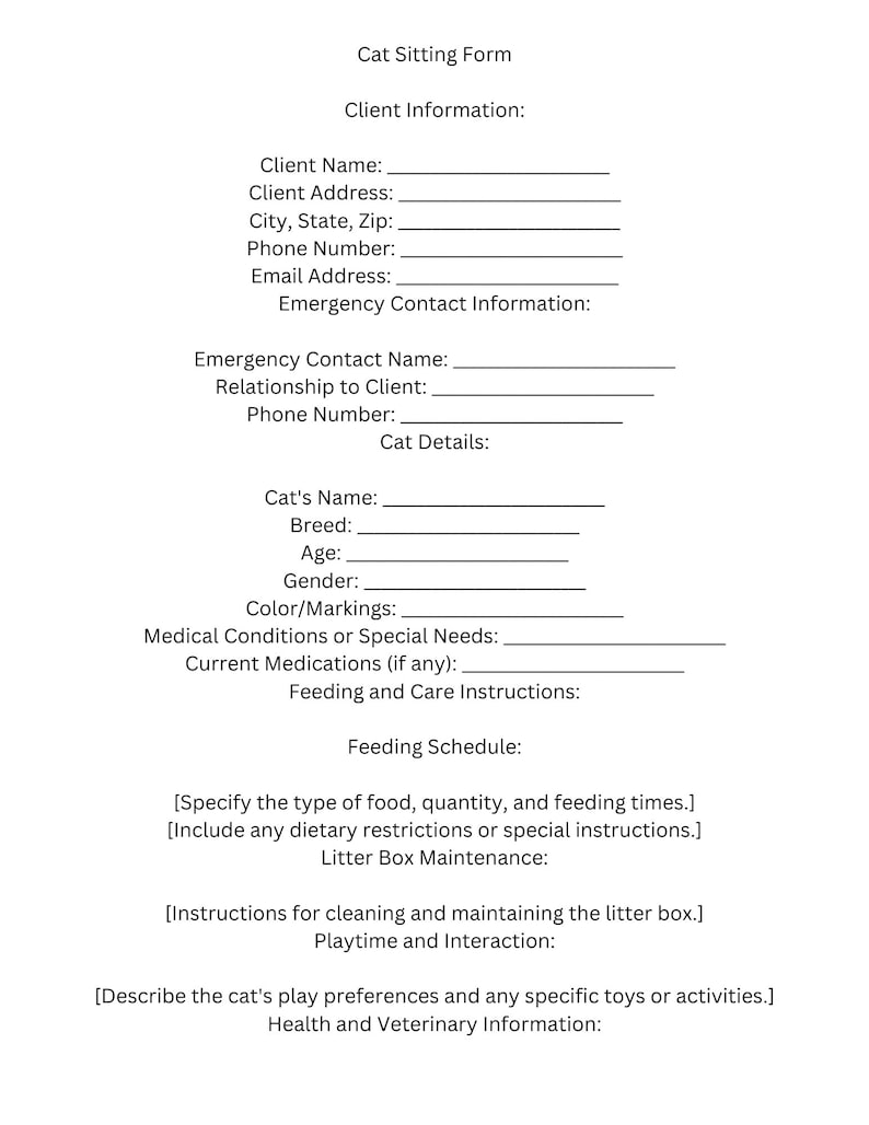 Cat Sitting Form-template - Etsy