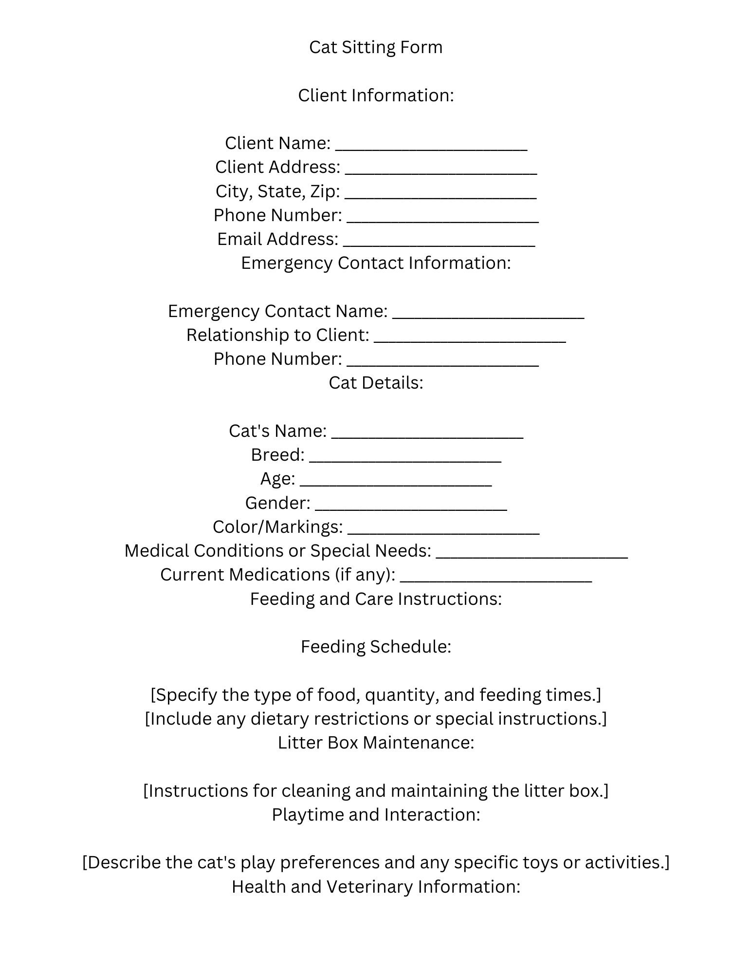 Cat Sitting Form-template - Etsy