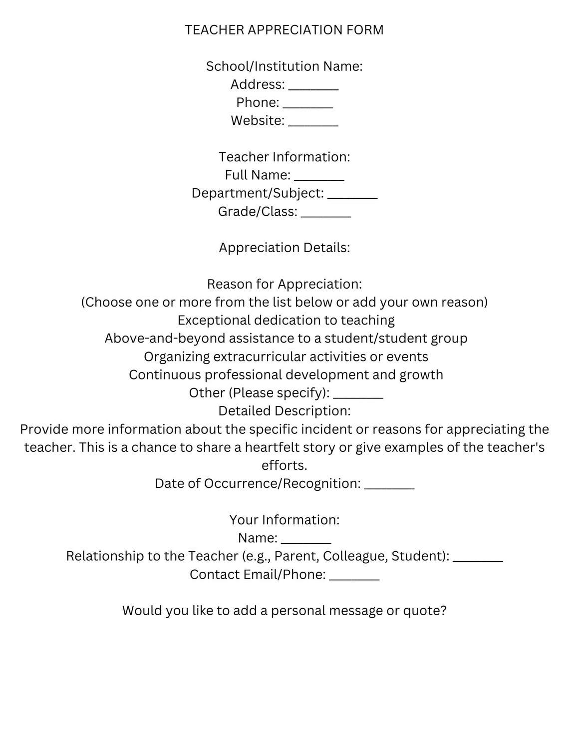 Teacher Appreciation Form Template - Etsy