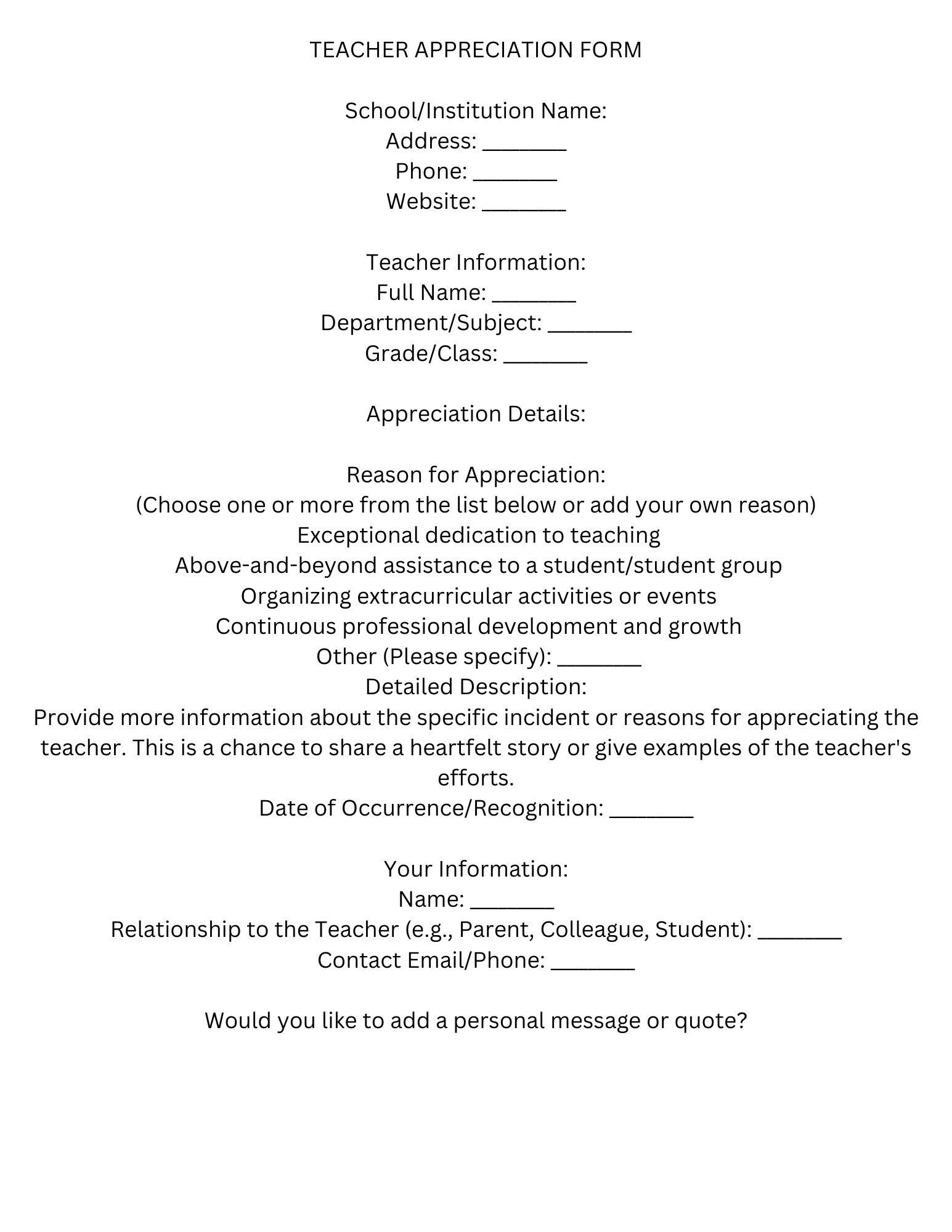 Teacher Appreciation Form Template - Etsy