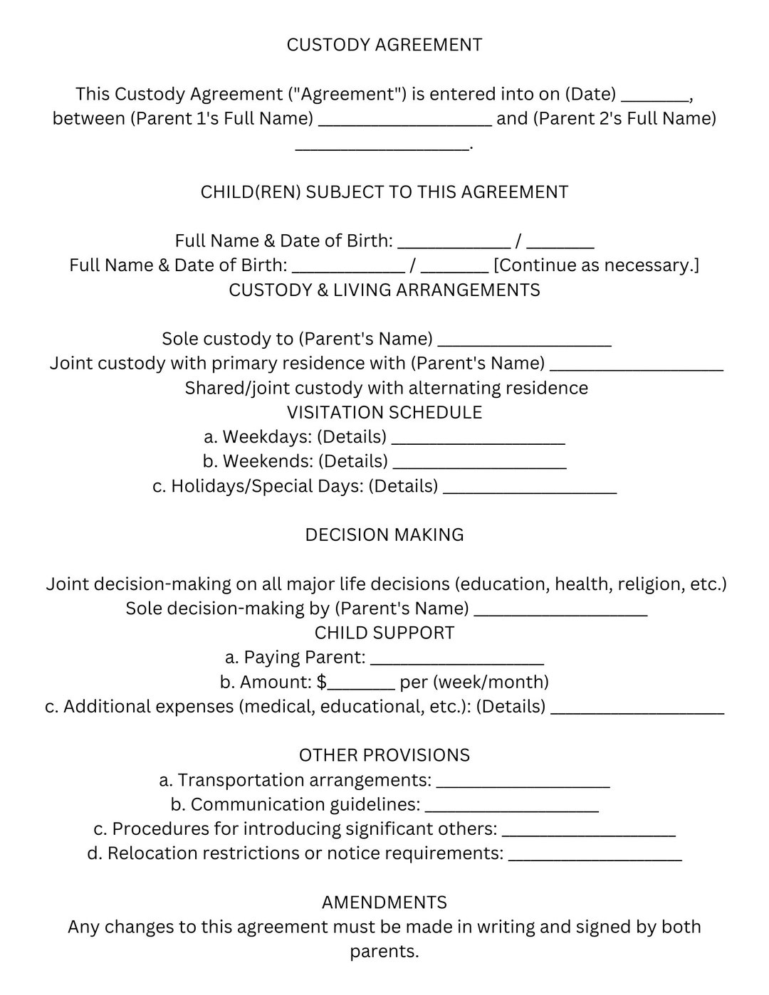 Custody Agreement Template Form-pdf Download - Etsy