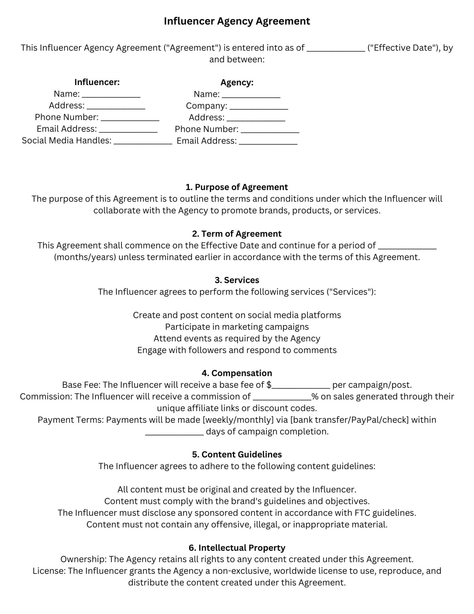 Influencer Agency Agreement-template PDF - Etsy