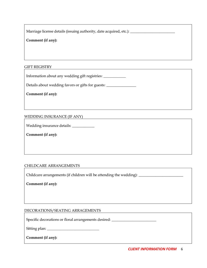 Wedding Client Information Forms - Comprehensive Pack (9 Pages ...