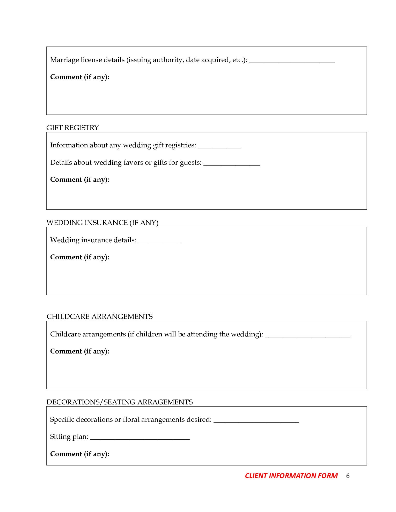 Wedding Client Information Forms - Comprehensive Pack (9 Pages ...