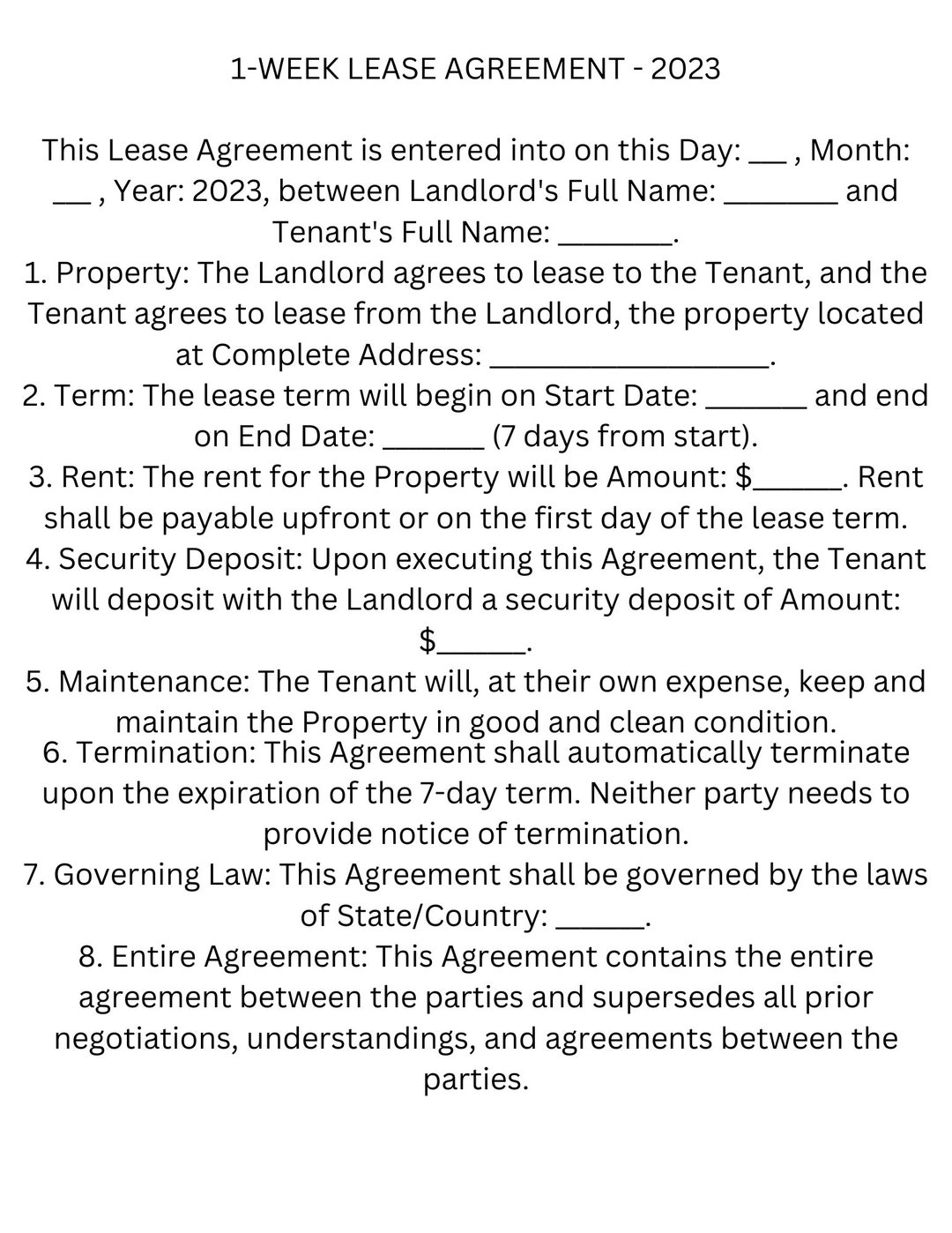 1-week Lease Agreement Template-pdf Download - Etsy