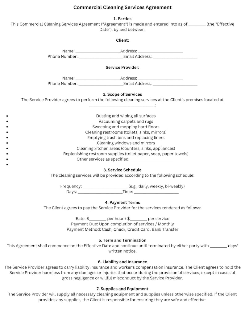 Commercial Cleaning Services Agreement-template, Download and Print - Etsy