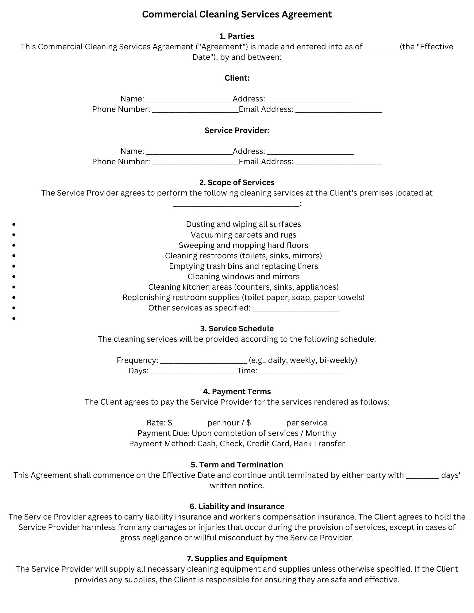 Commercial Cleaning Services Agreement-template, Download and Print - Etsy