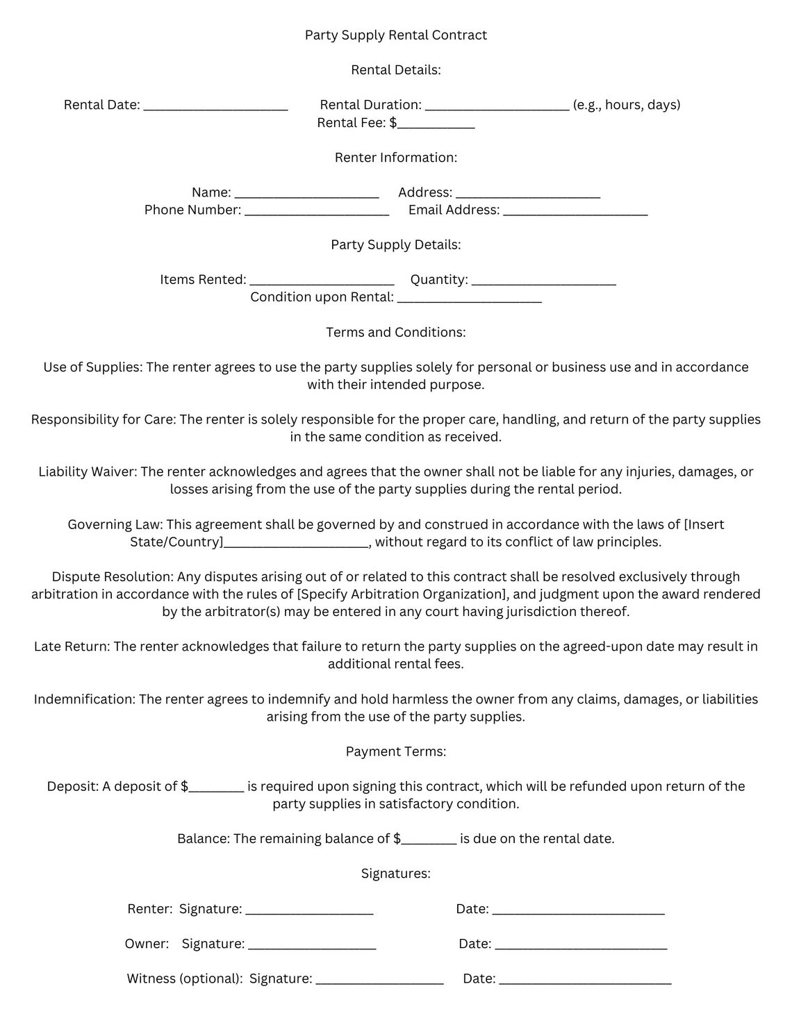 One-page Party Supply Rental Contract - Template Instant Download PDF ...