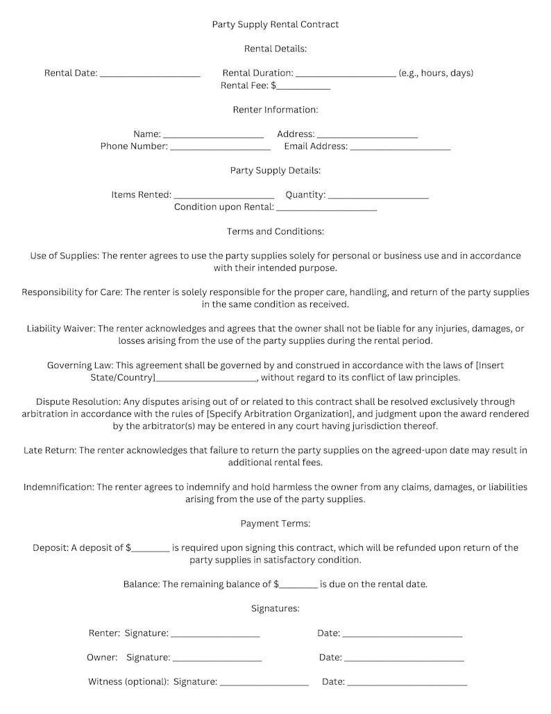 One-page Party Supply Rental Contract - Template Instant Download PDF ...