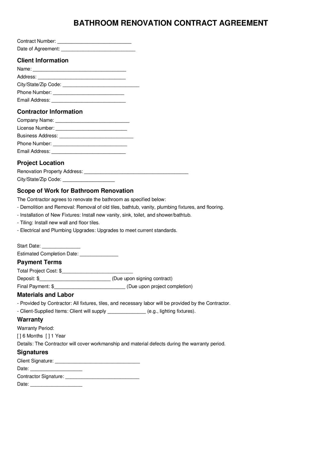 Bathroom Renovation Contract | Printable Remodeling Agreement ...