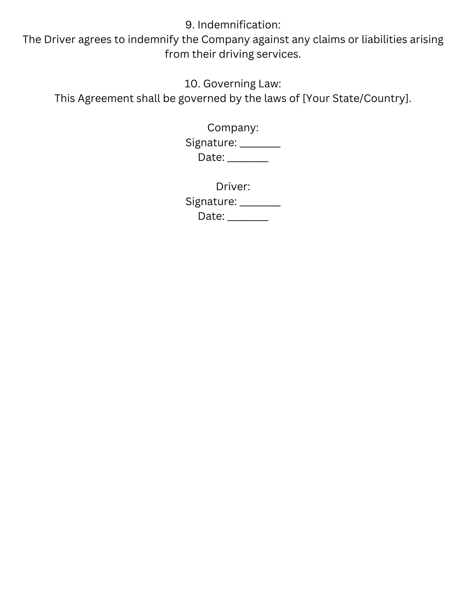 Driver Contract Form Template-pdf Download - Etsy