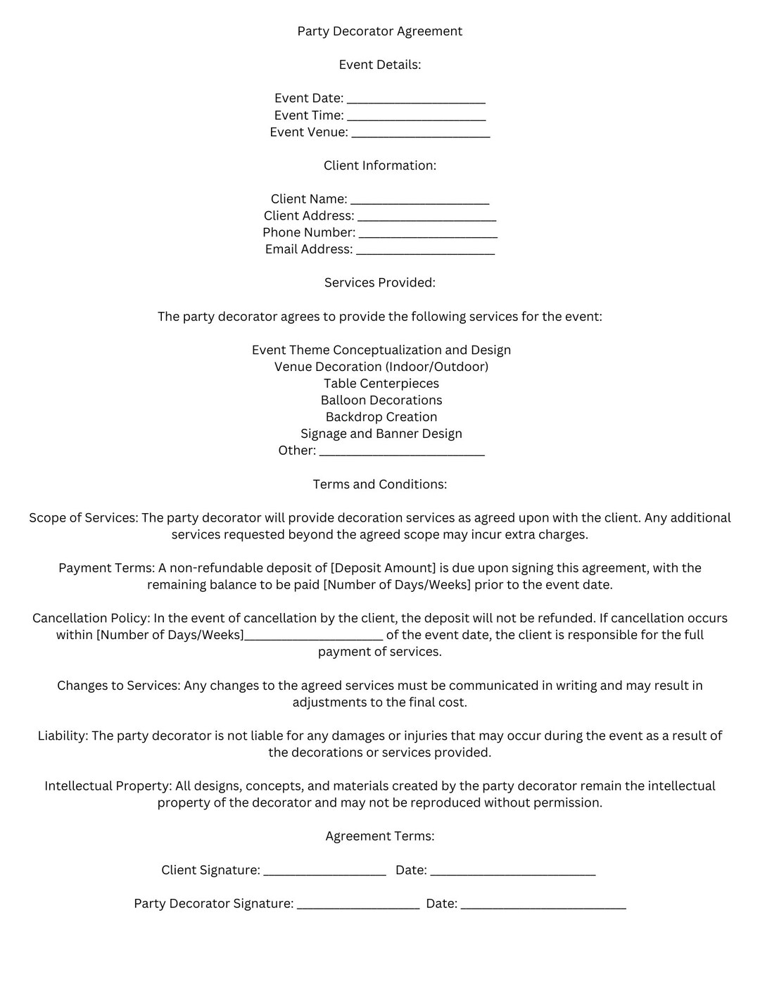 Party Decorator Agreement Template - 1 Page, Digital Download - Etsy