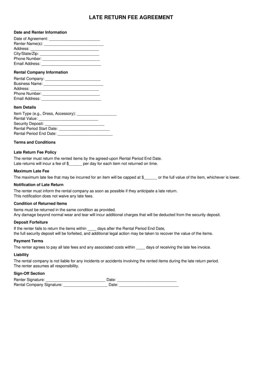 Late Return Fee Agreement | Dress and Item Rental Contract | Editable ...