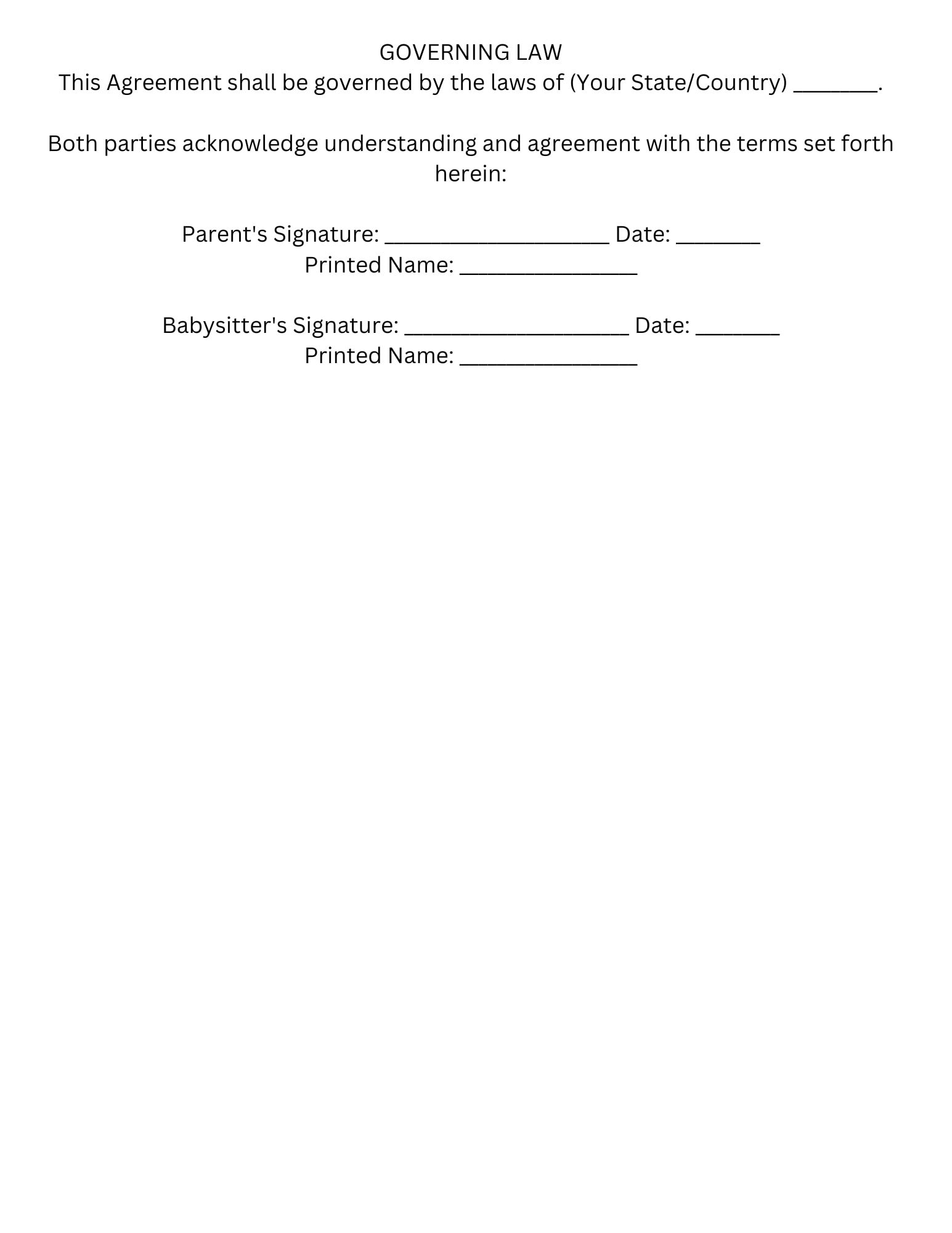 Babysitting Agreement Form-template Pdf Download and Edit - Etsy