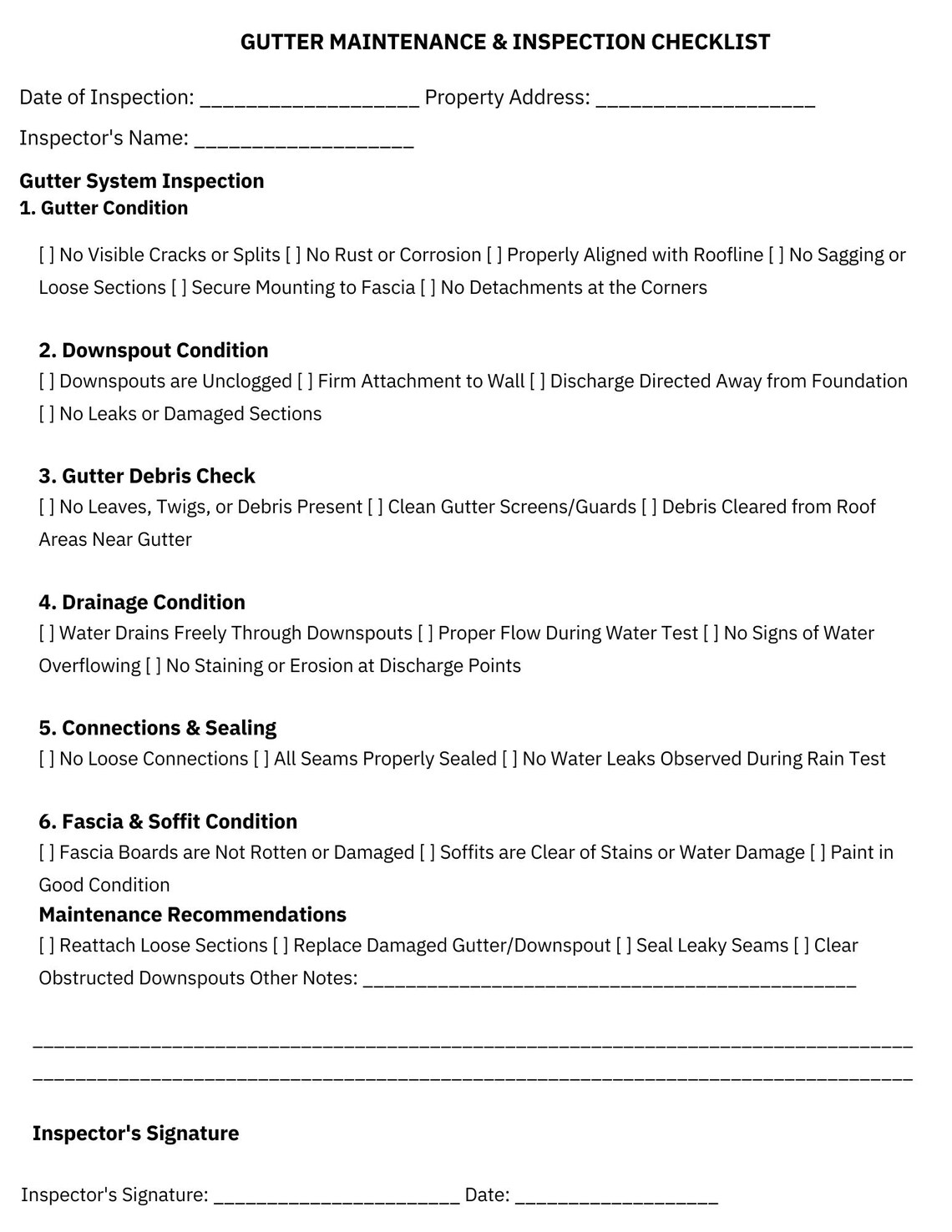 Gutter Maintenance & Inspection Checklist | Printable Gutter Care Form ...
