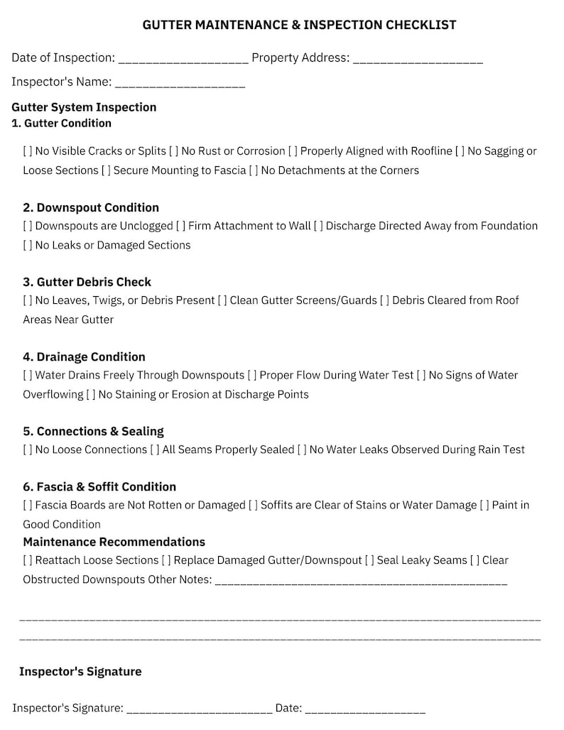 Gutter Maintenance & Inspection Checklist | Printable Gutter Care Form ...