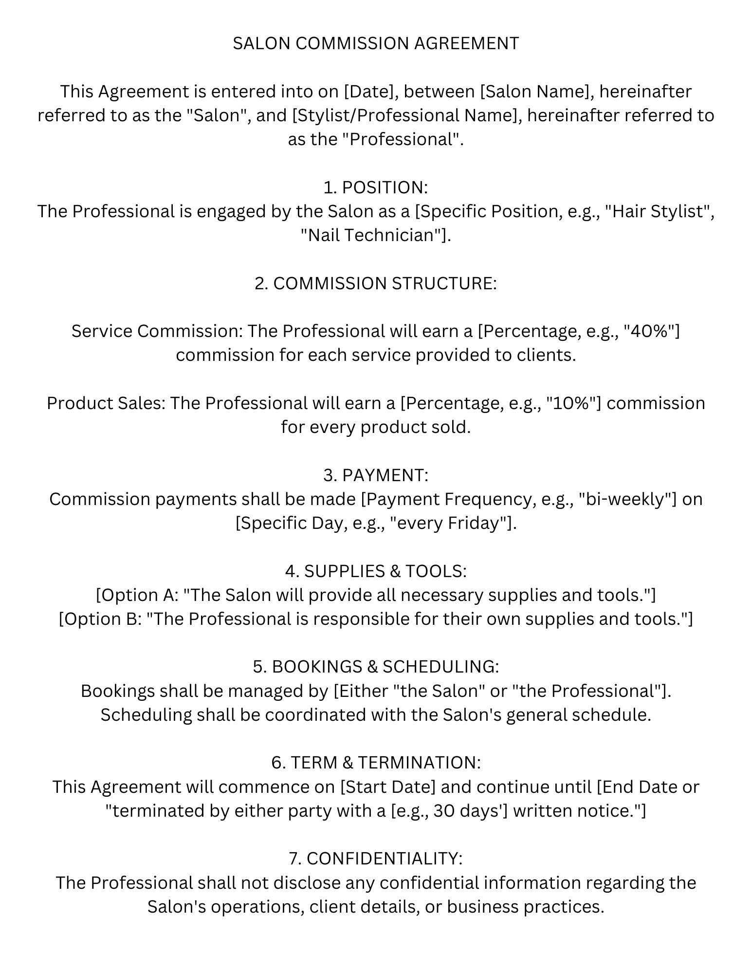 Salon Commission Agreement Template - Instant Download - Etsy