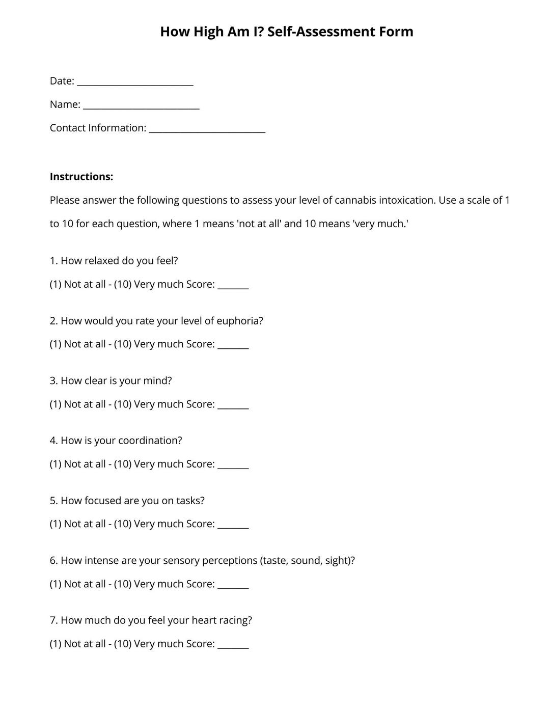 How High Am I Self-assessment Form Cannabis Testing Tool Editable ...