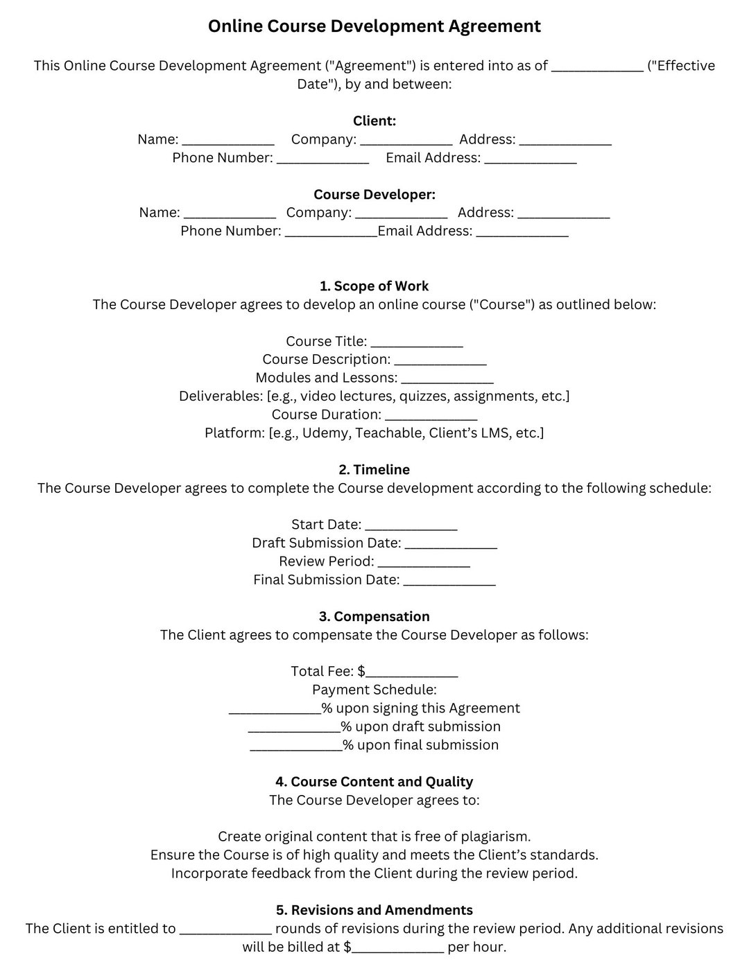 Online Course Development Agreement- Template, Pdf - Etsy