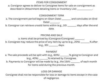 Consignment Contract Form for Small Business Owners Printable Fillable ...