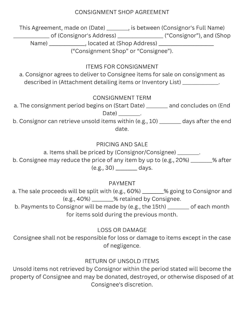 Consignment Shop Agreement Template- Digital Download From Canva - Etsy