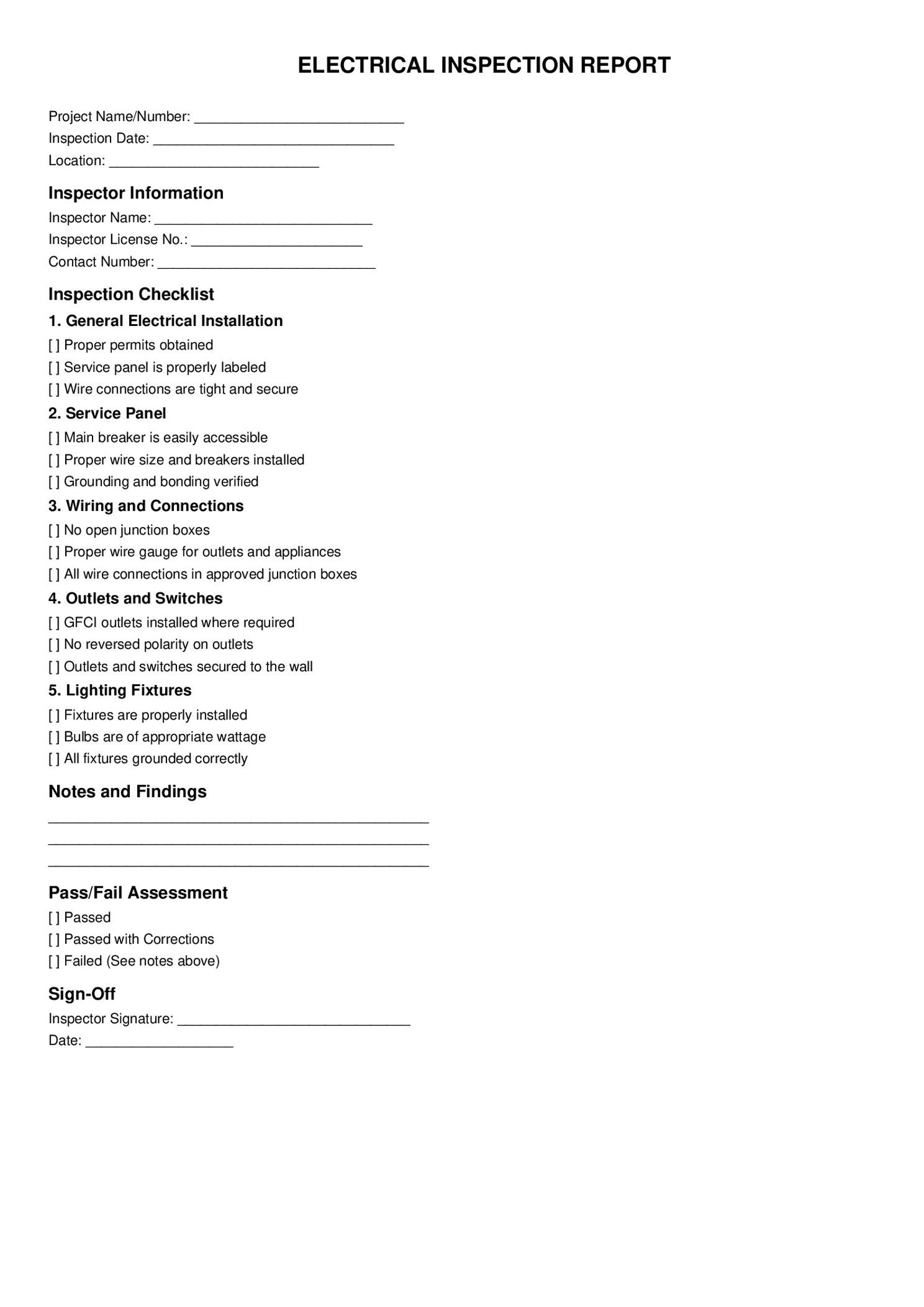 Electrical Inspection Report Form | Printable Electrician Inspection ...