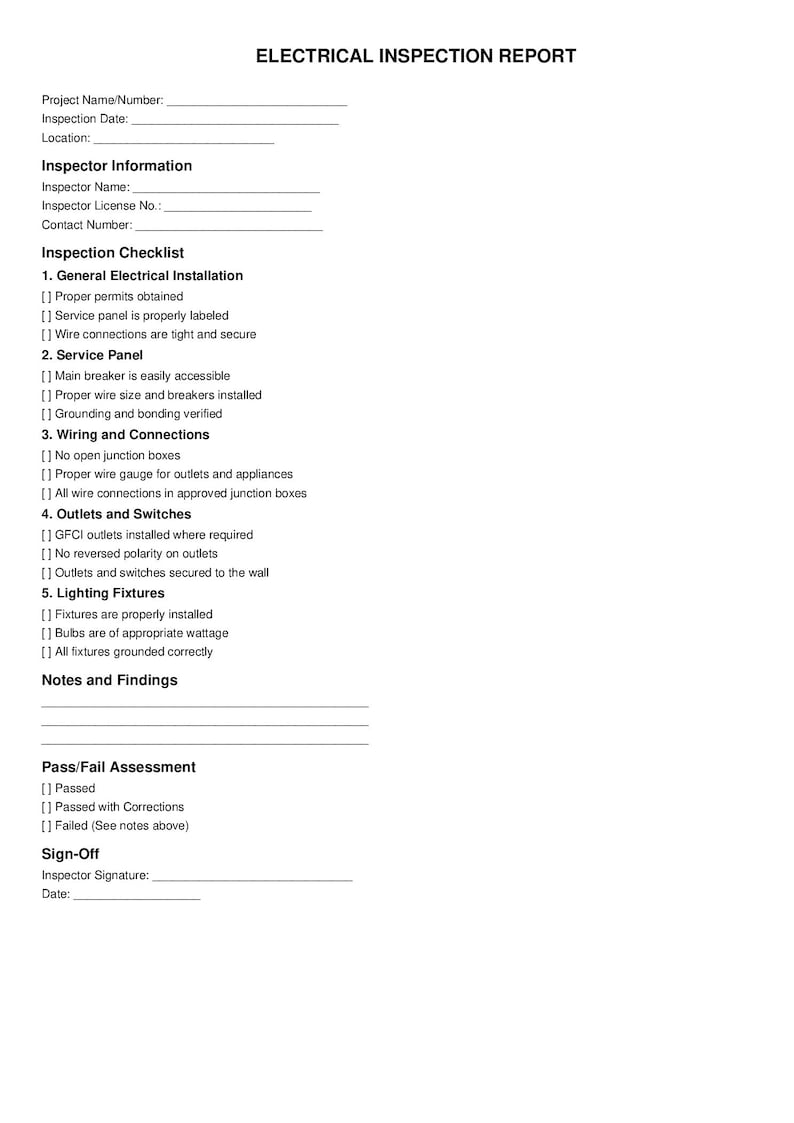 Electrical Inspection Report Form | Printable Electrician Inspection ...