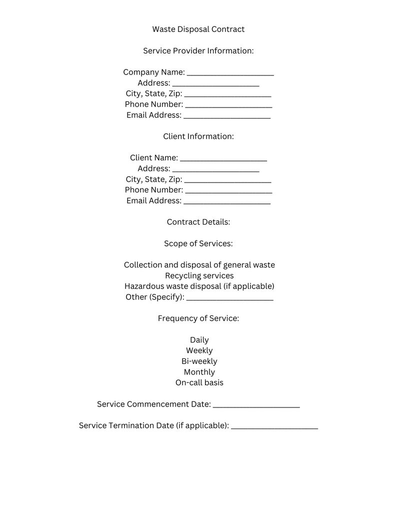 Waste Disposal Contract Form-template, Instant Download - Etsy