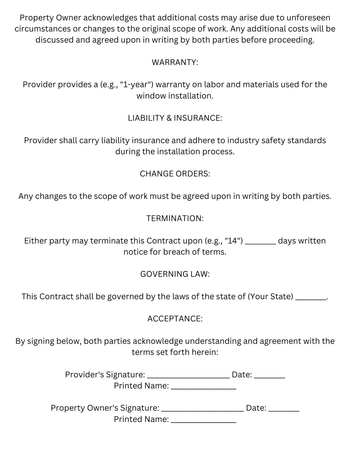 Window Installation Contract Template, Digital Download: PDF Download ...