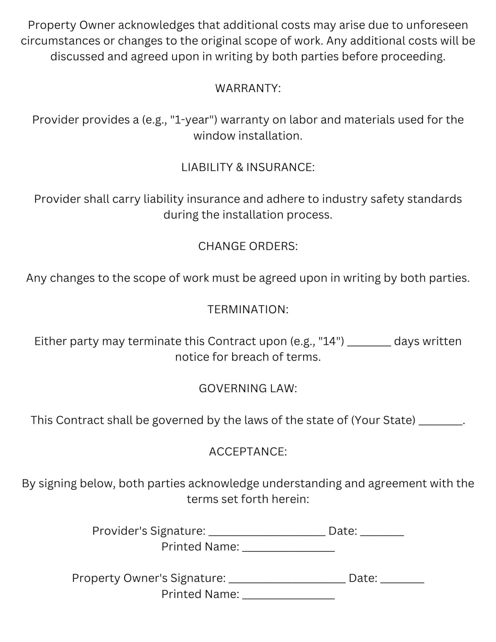 Window Installation Contract Template, Digital Download: PDF Download ...