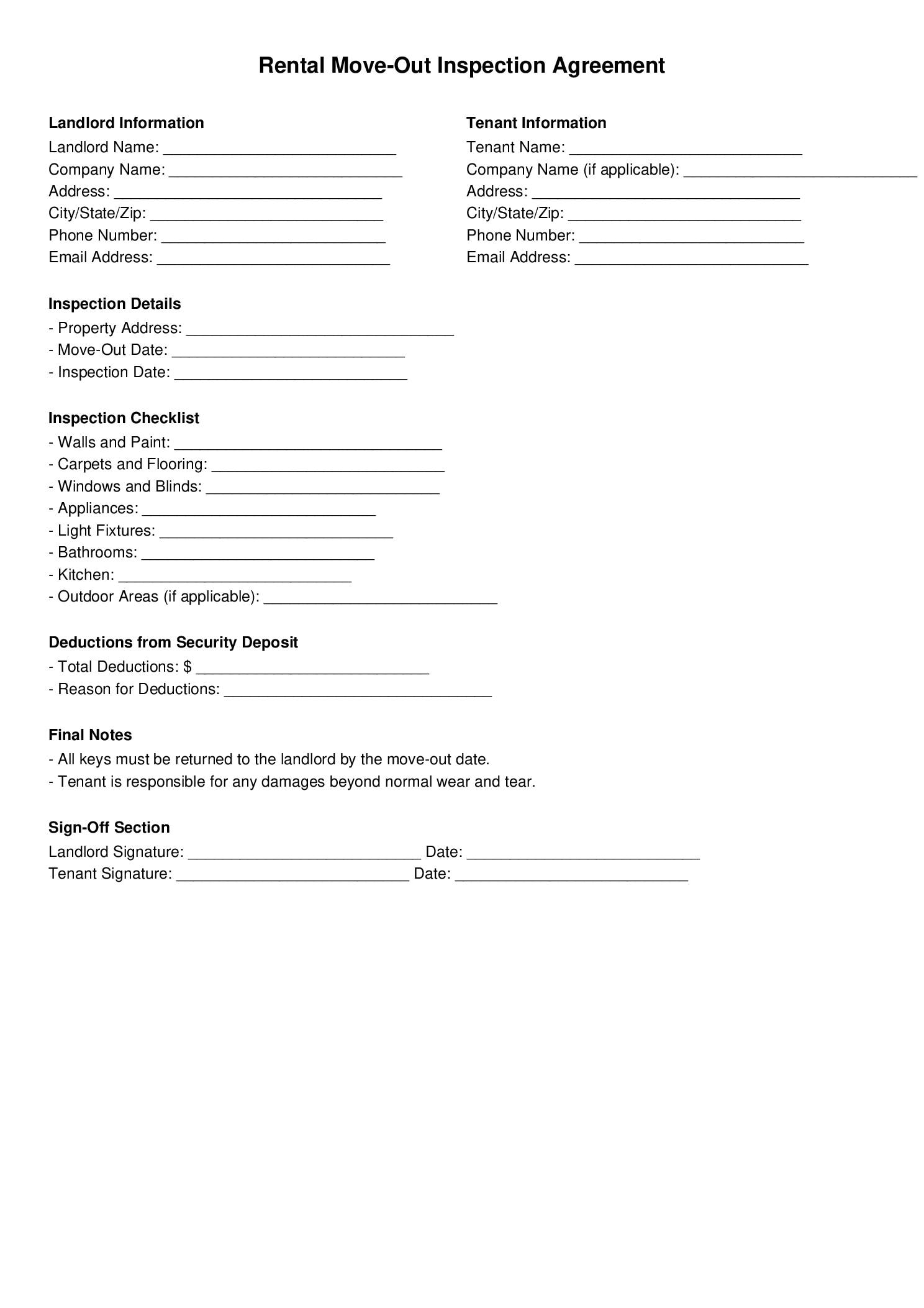 Rental Move-out Inspection Agreement | Property Inspection Form ...