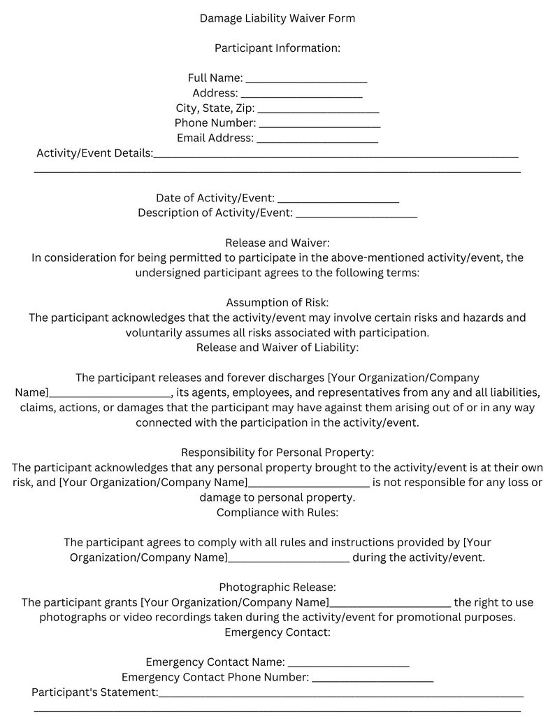 Damage Liability Waiver Form - Printable Template - Etsy