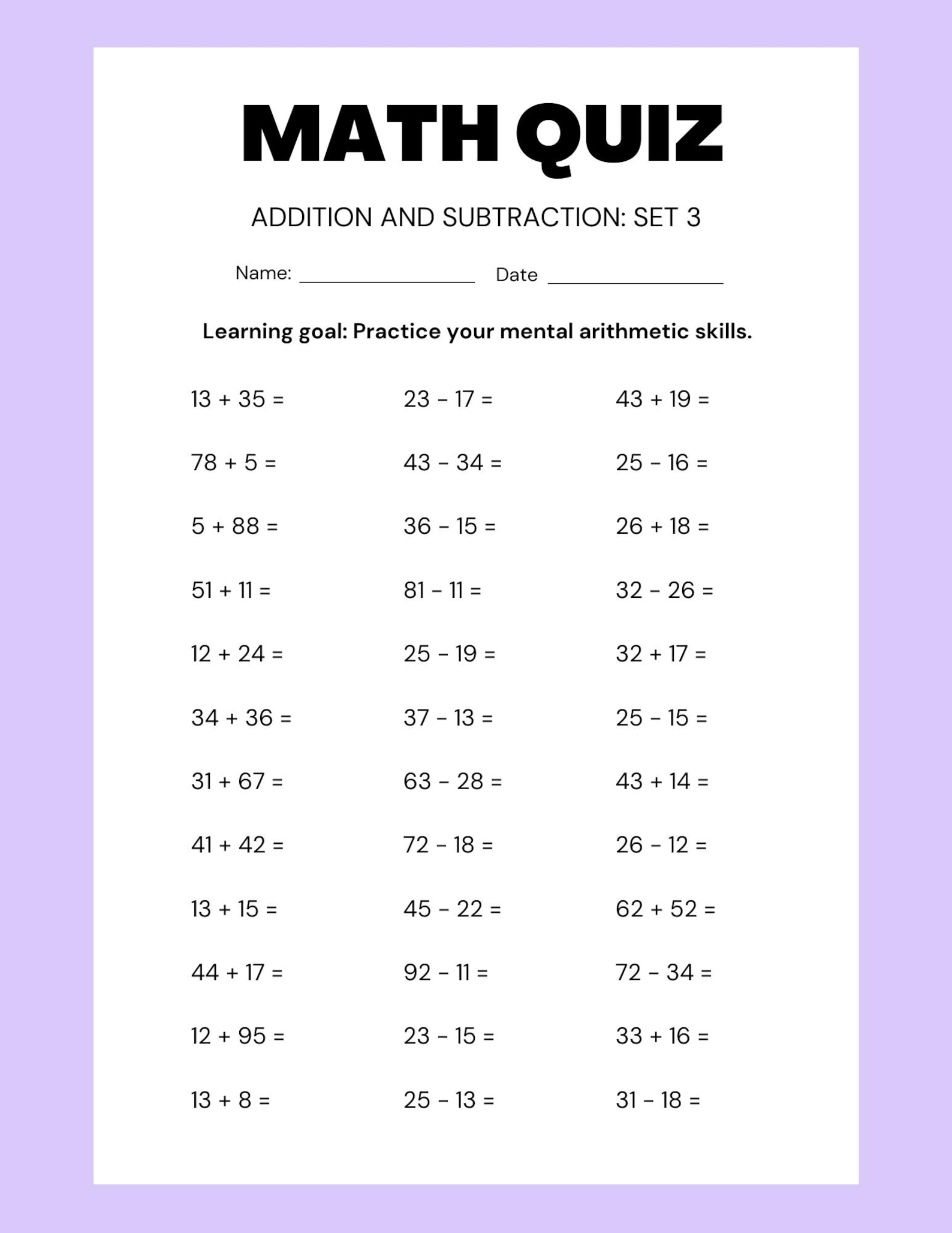 Addition and Subtraction Practice Worksheets Pack for Grades 1-3 | Math ...