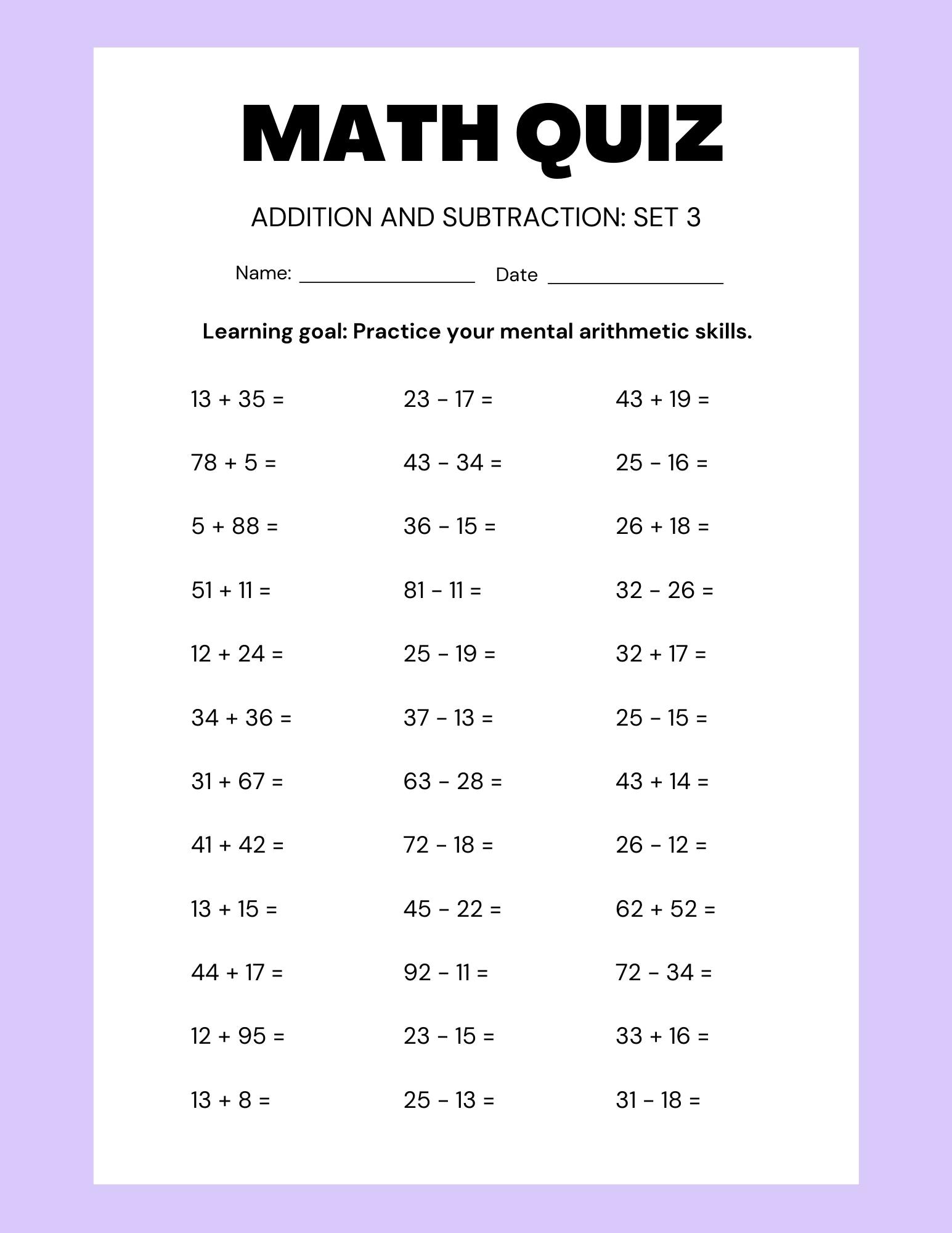 Addition and Subtraction Practice Worksheets Pack for Grades 1-3 | Math ...