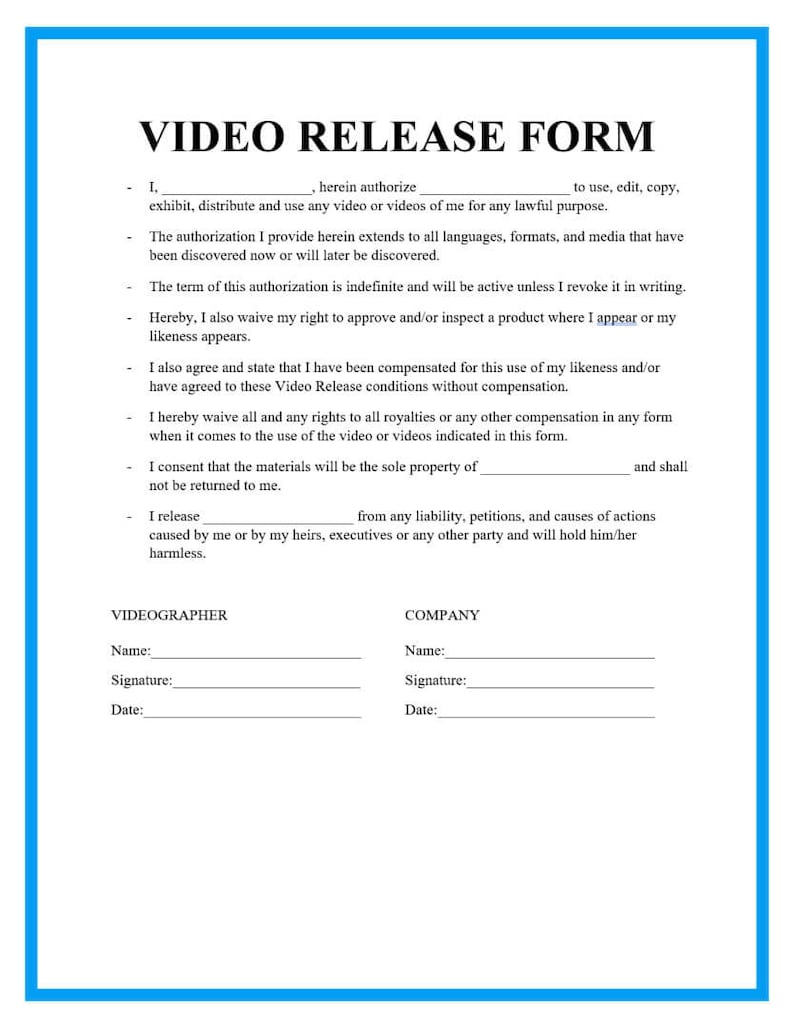 Video Release Form Template - Etsy
