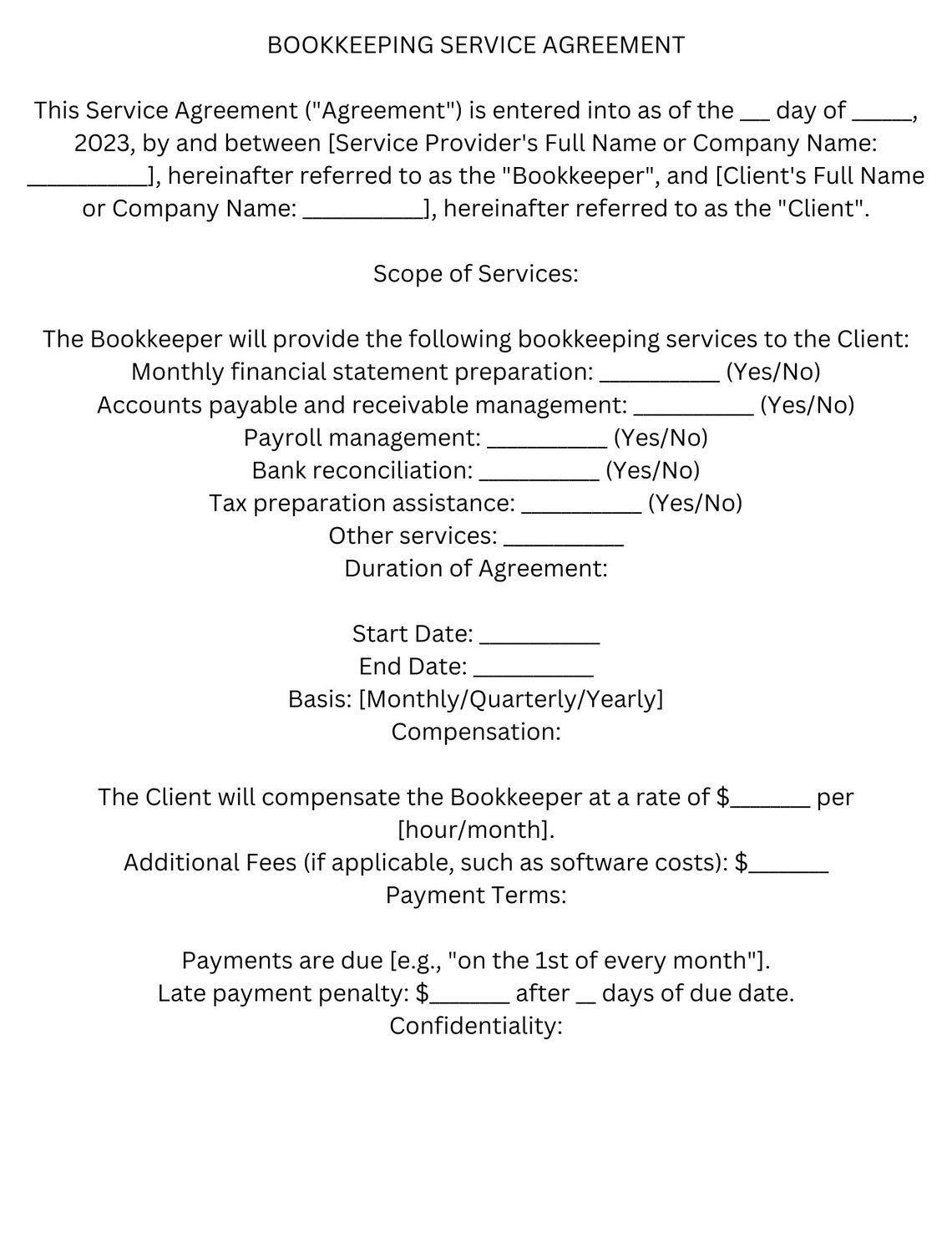 Bookkeeping Service Agreement Template Digital Download - Etsy