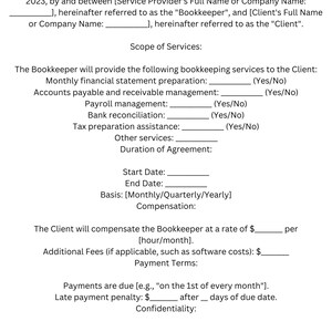 Bookkeeping Service Agreement Template Digital Download - Etsy