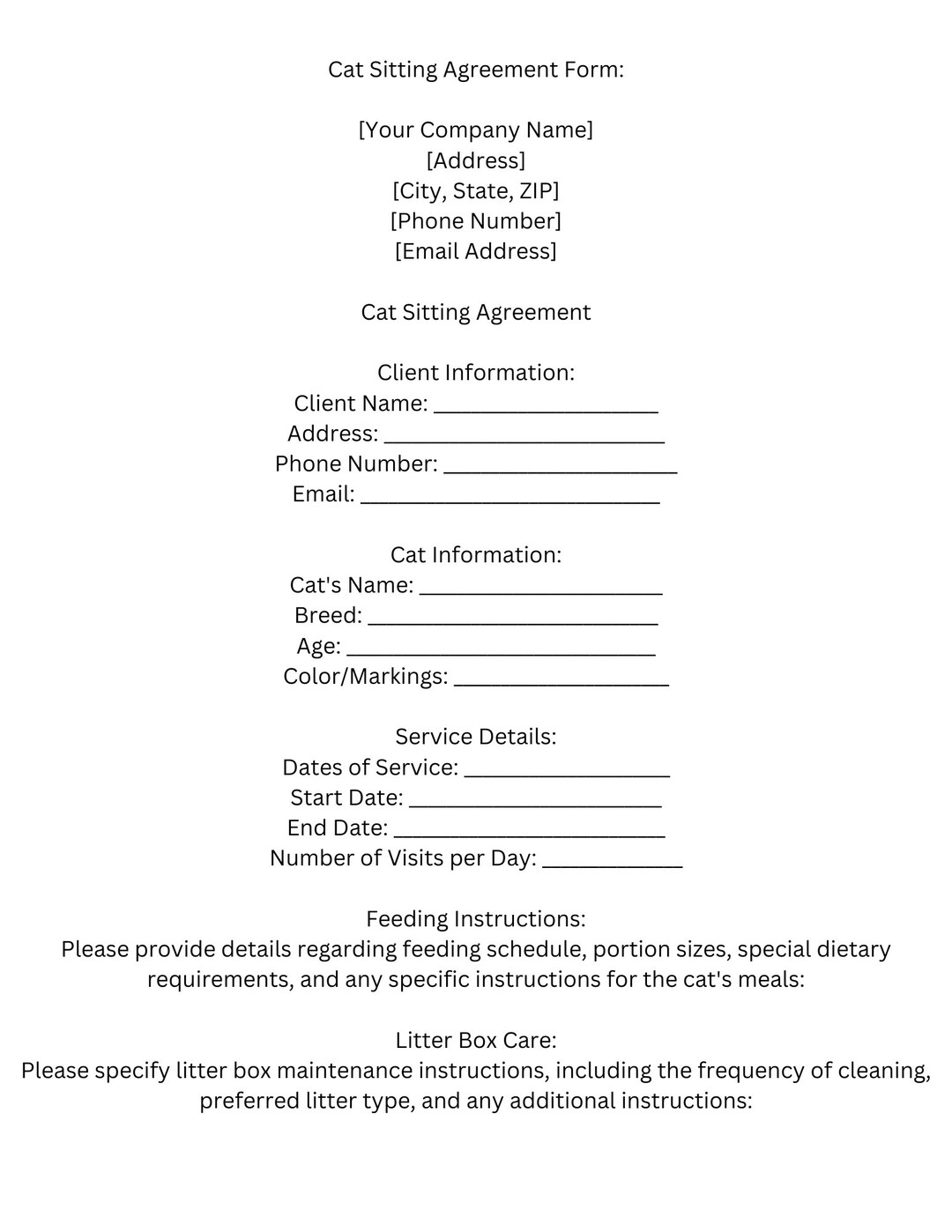 Cat Sitting Form - Comprehensive and Customizable - Etsy