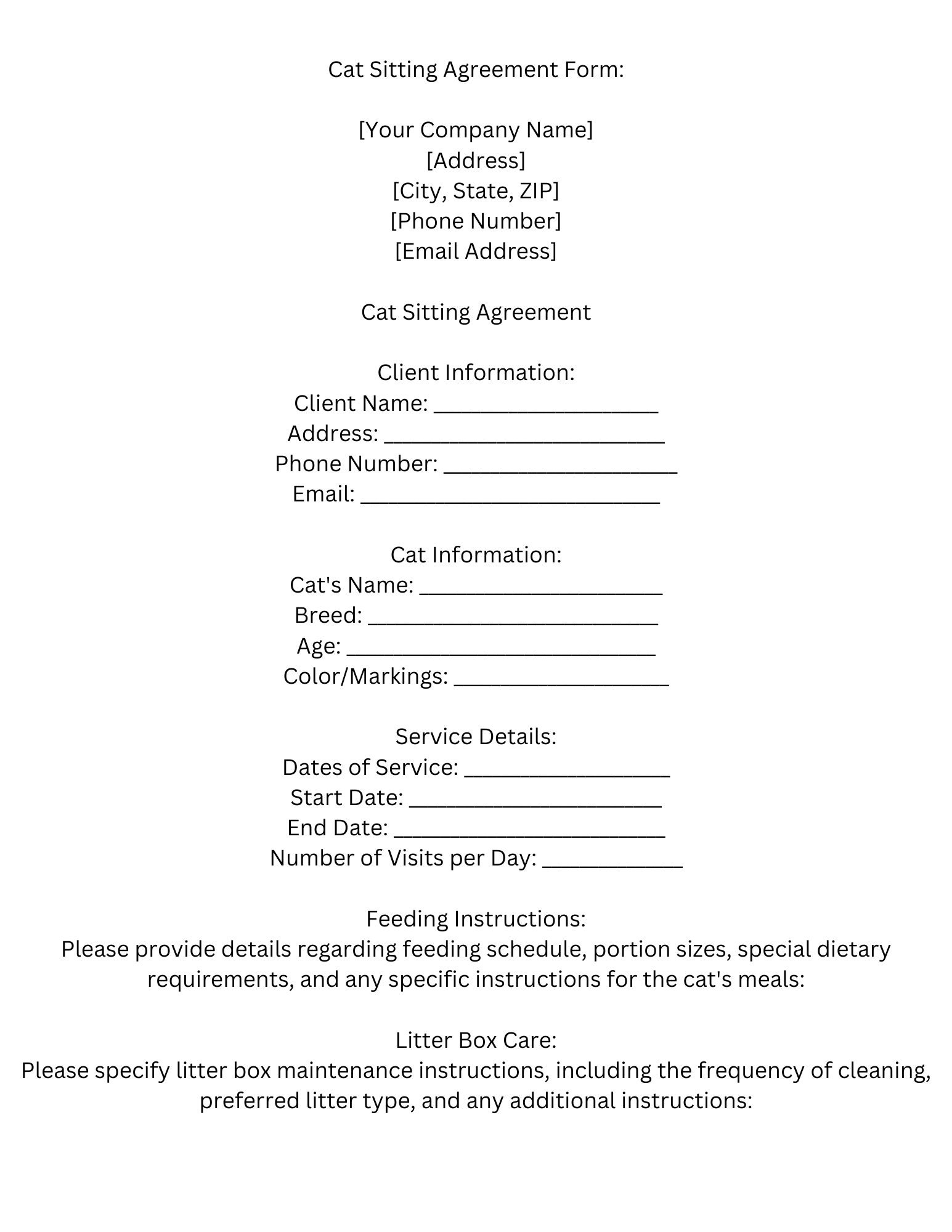 Cat Sitting Form - Comprehensive and Customizable - Etsy