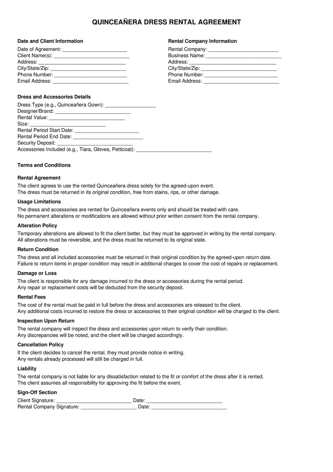 Quinceañera Dress Rental Agreement | Formal Gown Contract | Editable ...