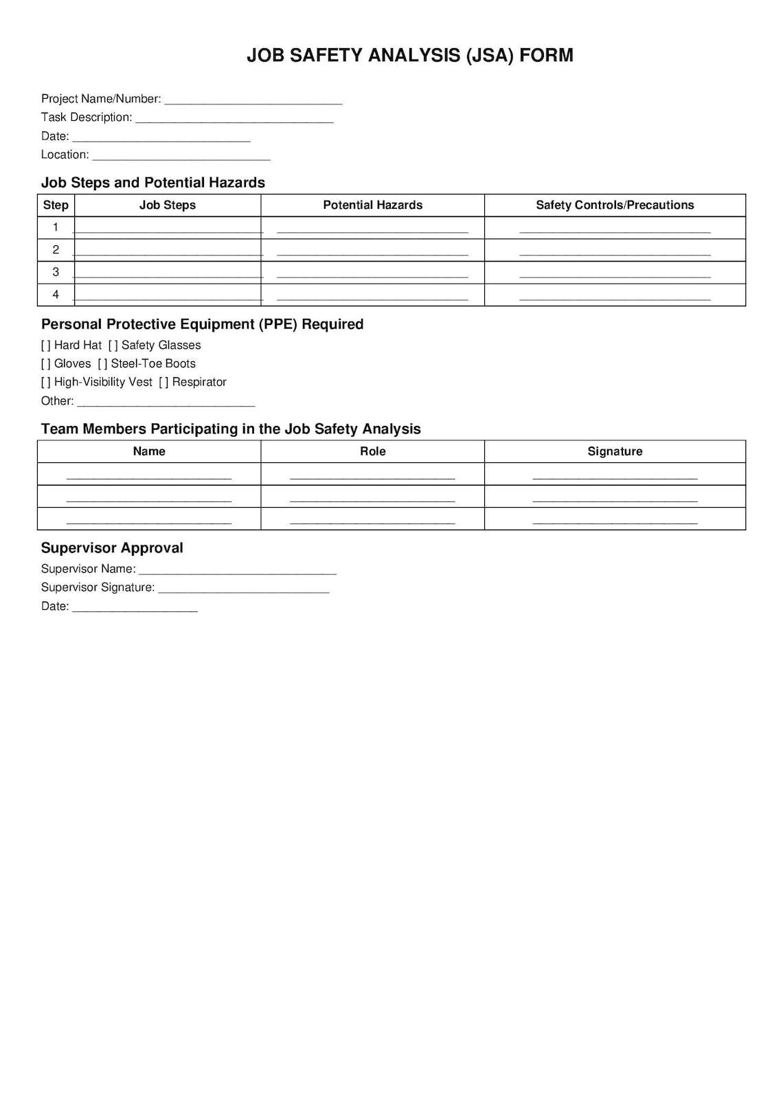 Job Safety Analysis (JSA) Form | Printable Job Safety Checklist ...