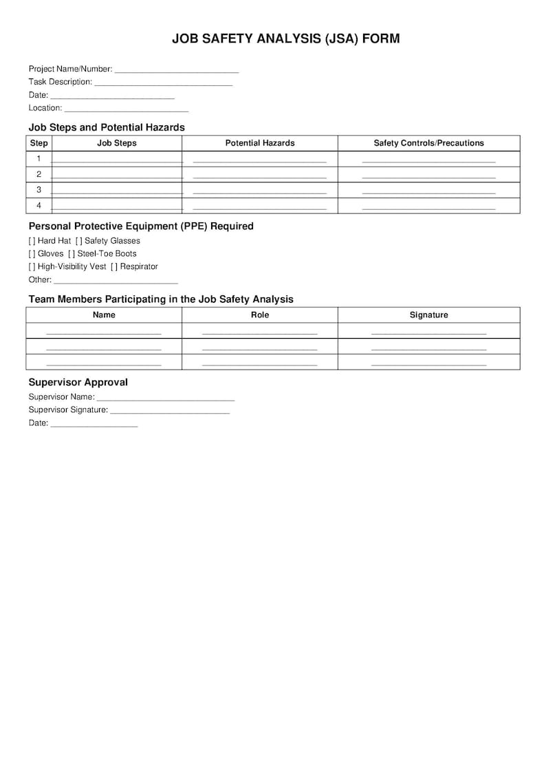 Job Safety Analysis (JSA) Form | Printable Job Safety Checklist ...