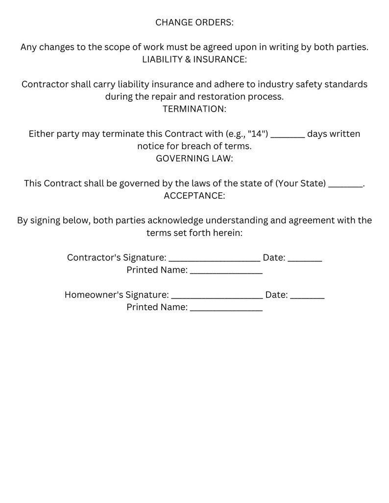 Home Repair and Restoration Contract Template - Etsy