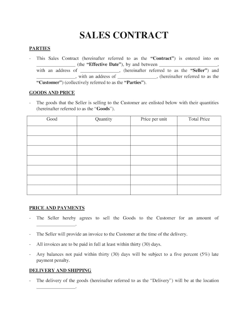 Sales-contract-template - Etsy