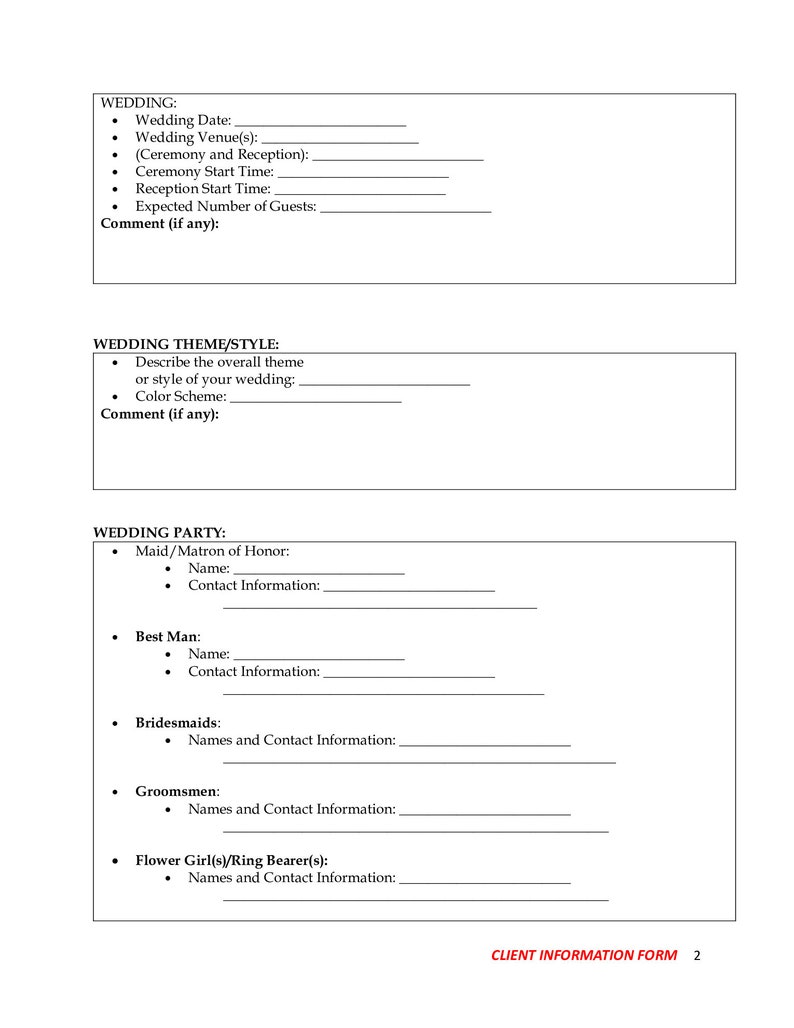 Wedding Client Information Forms - Comprehensive Pack (9 Pages ...