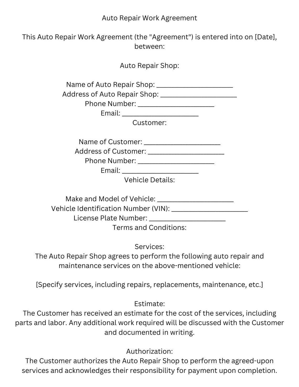 Auto Repair Work Agreement Template - Etsy