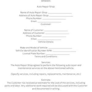 Auto Repair Work Agreement Template - Etsy
