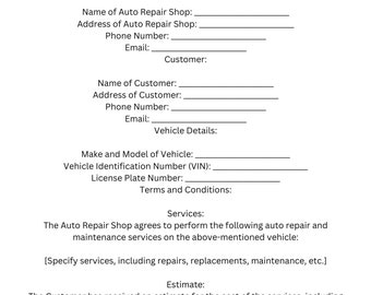 Auto Repair Contract, Mechanic Work Agreement, Car Maintenance Service ...