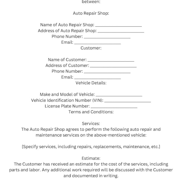 Auto Repair Estimate Template - Etsy